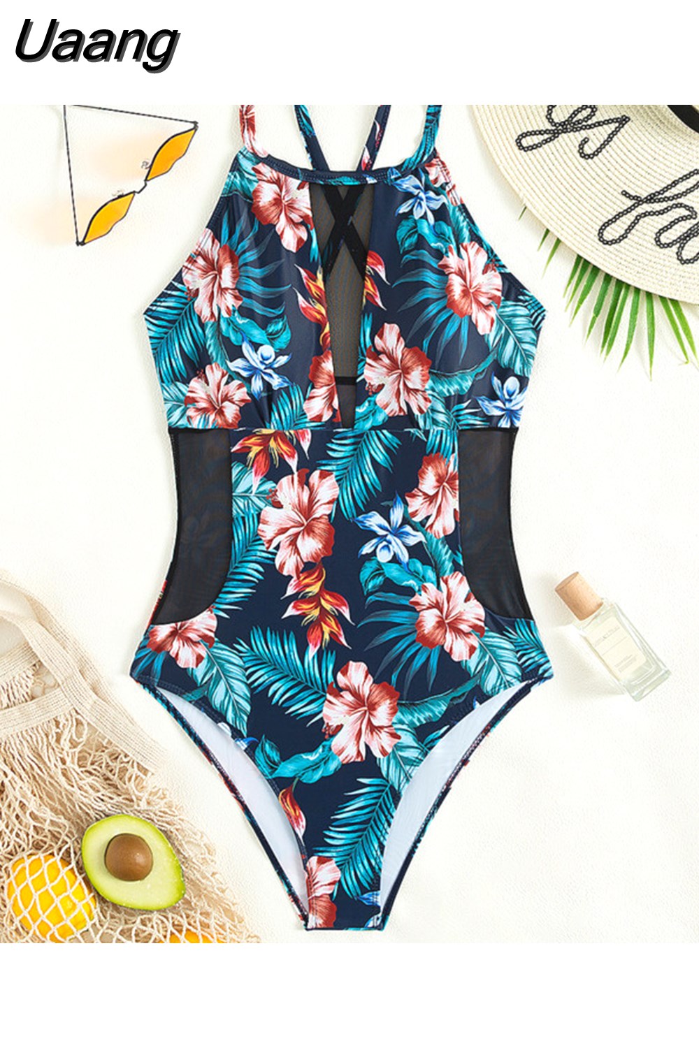 Uaang Floral Net One Piece Large Swimsuits Closed Plus Size Swimwear ...
