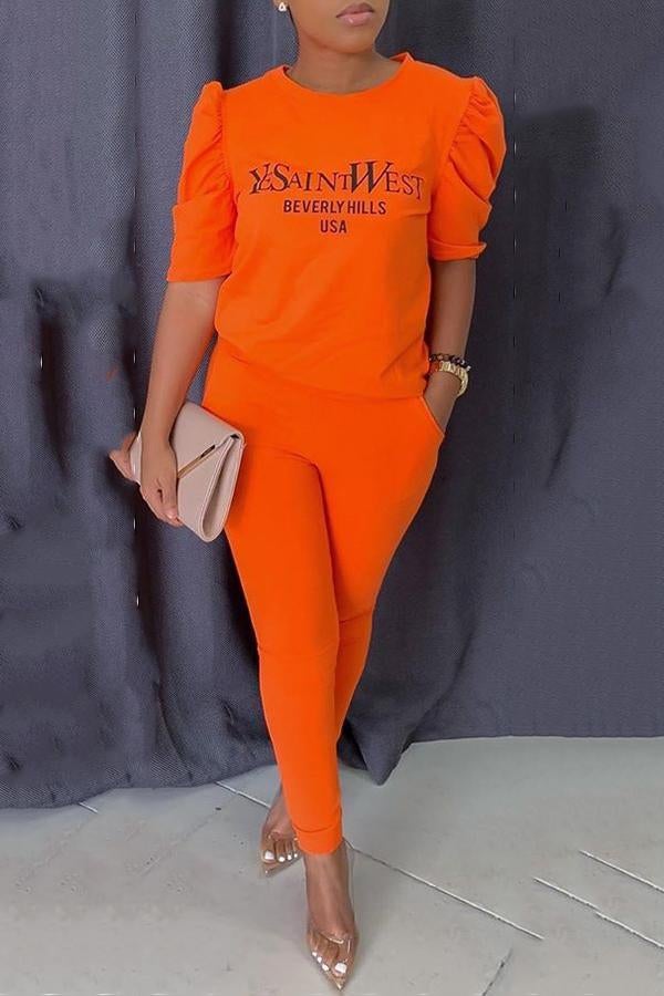 Solid Color Letter Printed Puff Sleeve Pant Suits