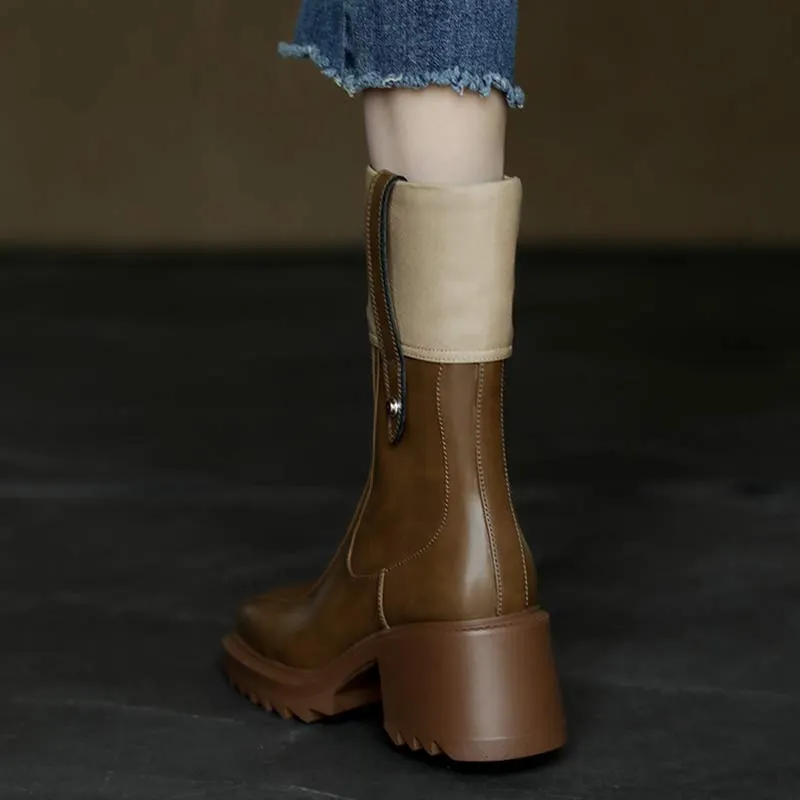 FineGina Pure Color Splice Slip-On Platform Boots