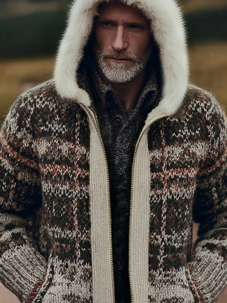 Men's Retro Plaid Pattern Fur Trim Cozy Knit Hooded Jacket 46.99 menweary