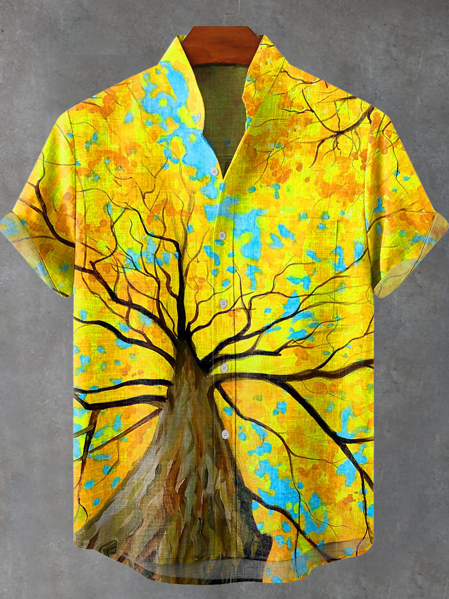 Vintage Multicolor Oil Painting Tree Print Casual 100% Cotton Shirt