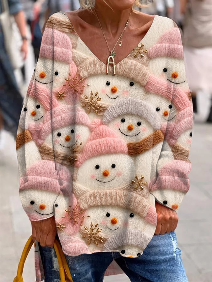 Women's Christmas Snowman Print V-Neck Long Sleeve Top
