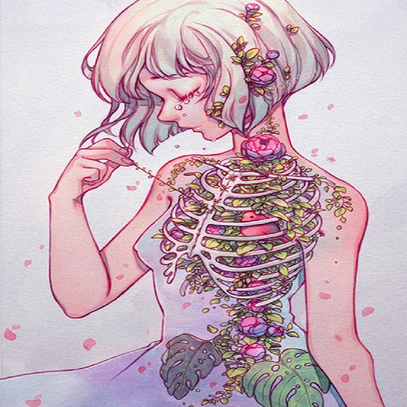 The Melancholy Girl With Flowers As Bones - Full Round Drill Diamond ...
