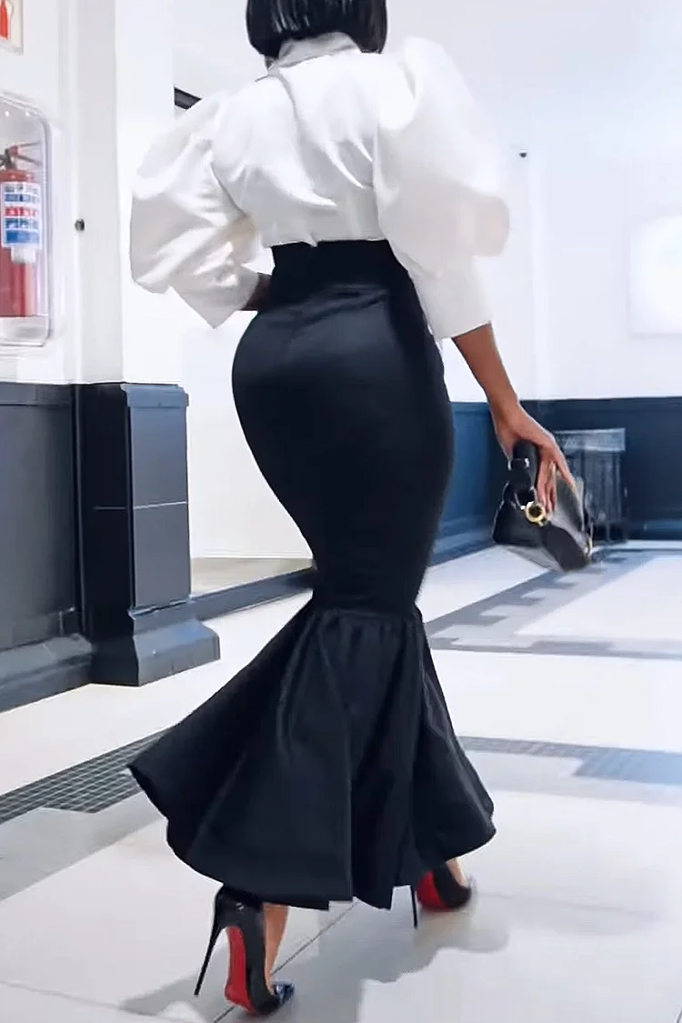 Plus Size Business Casual Black Elegant Shirt Collar Lantern Sleeve 3/4 ...