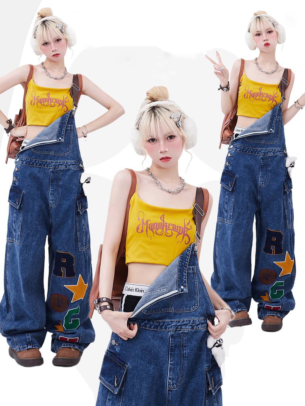 ROCK EMBROIDERED HIP HOP DENIM OVERALLS