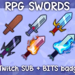 RPG Sword Twitch Sub + Bit Badges | Wooden sword badge, flame sword ...