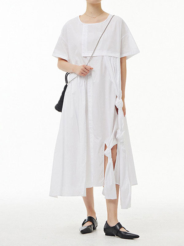 Art White Round-neck Asymmetric Streamer Short Sleeve Midi Dress