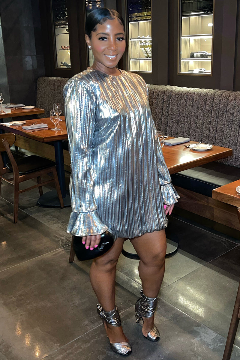 Sheen Metallic Finish Long Flare Sleeve Pleated Party Mini Dresses