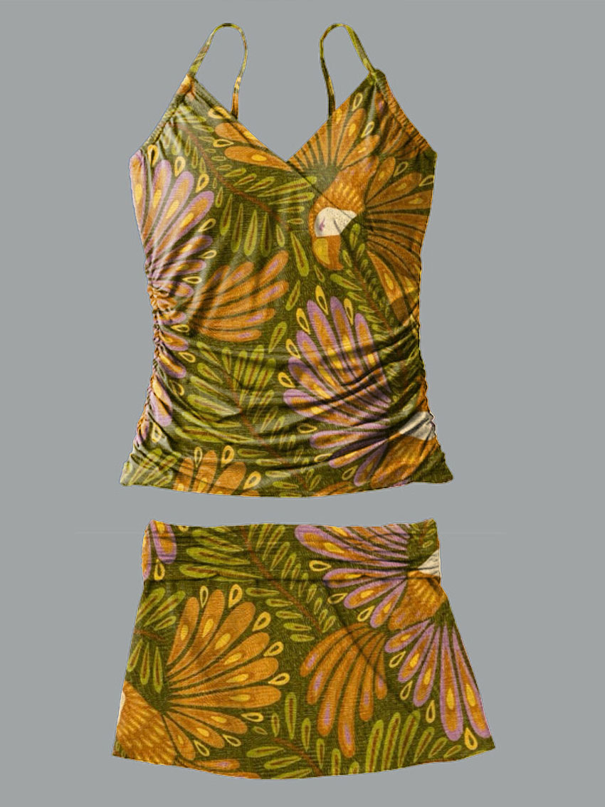 V-Neck Retro Floral Print Suspender Skirt Tankini Pantskirt Set Swimsuit