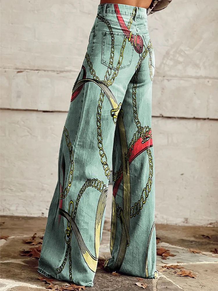 Women's Vintage Line Pattern Print Casual Wide Leg Pants