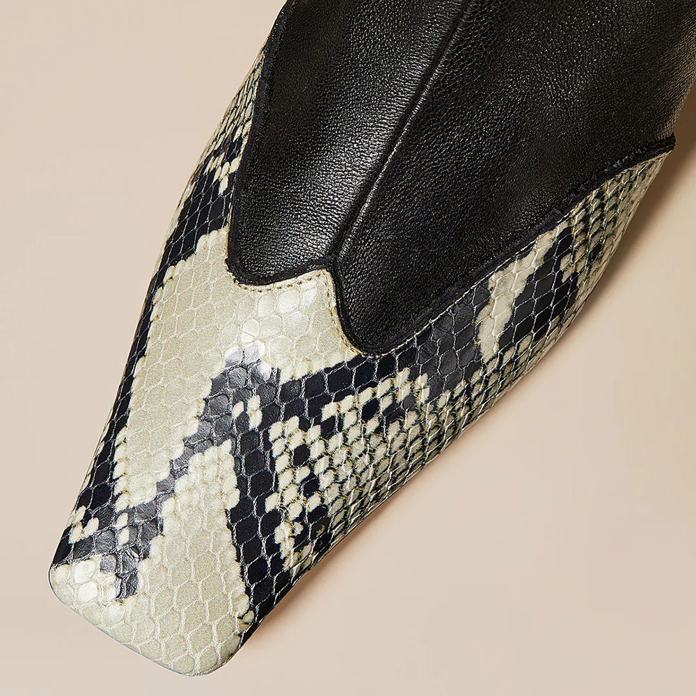 Black Faux Python Square Toe Chunky Heel Ankle Boots with Side Zipper