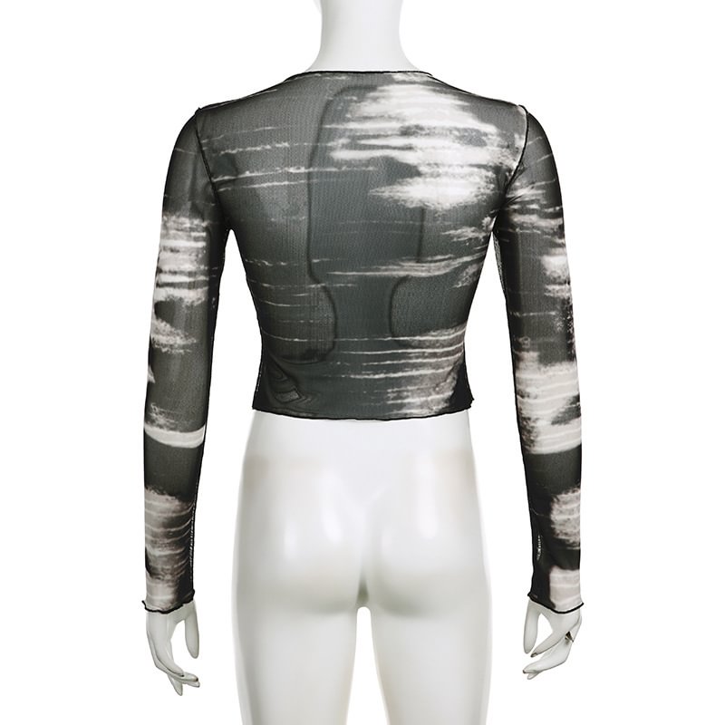 ABSTRACT PRINT LONG SLEEVE MESH TOP