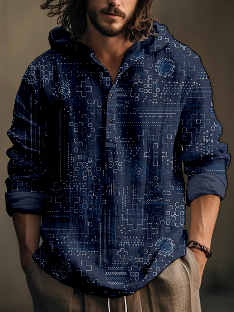 Japanese Traditional Pattern Linen Blend Hooded Shirt