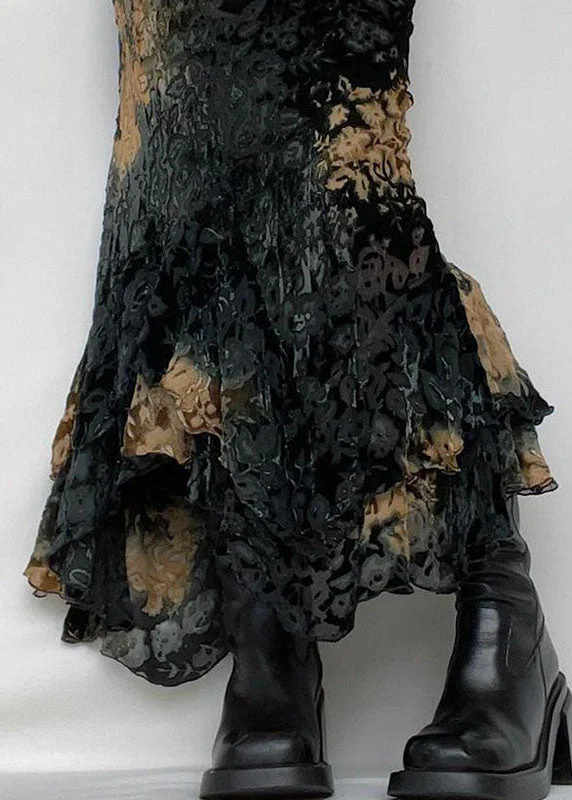 Chic Black Asymmetrical Print Ruffled Patchwork Silk Velour Skirt