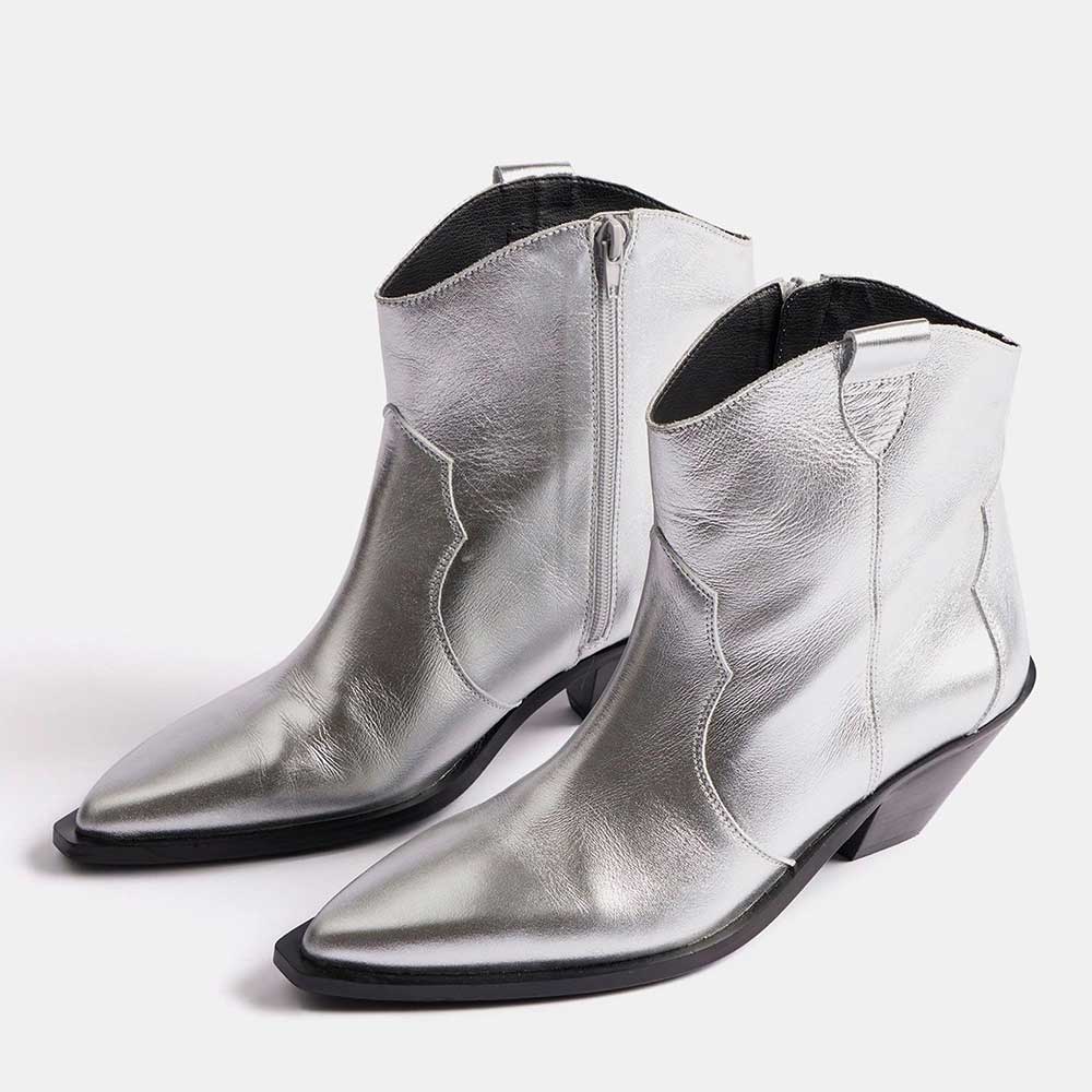 Silver Metallic Finished Booties Pointy Toe Chunky Heel Cowgirl Boots