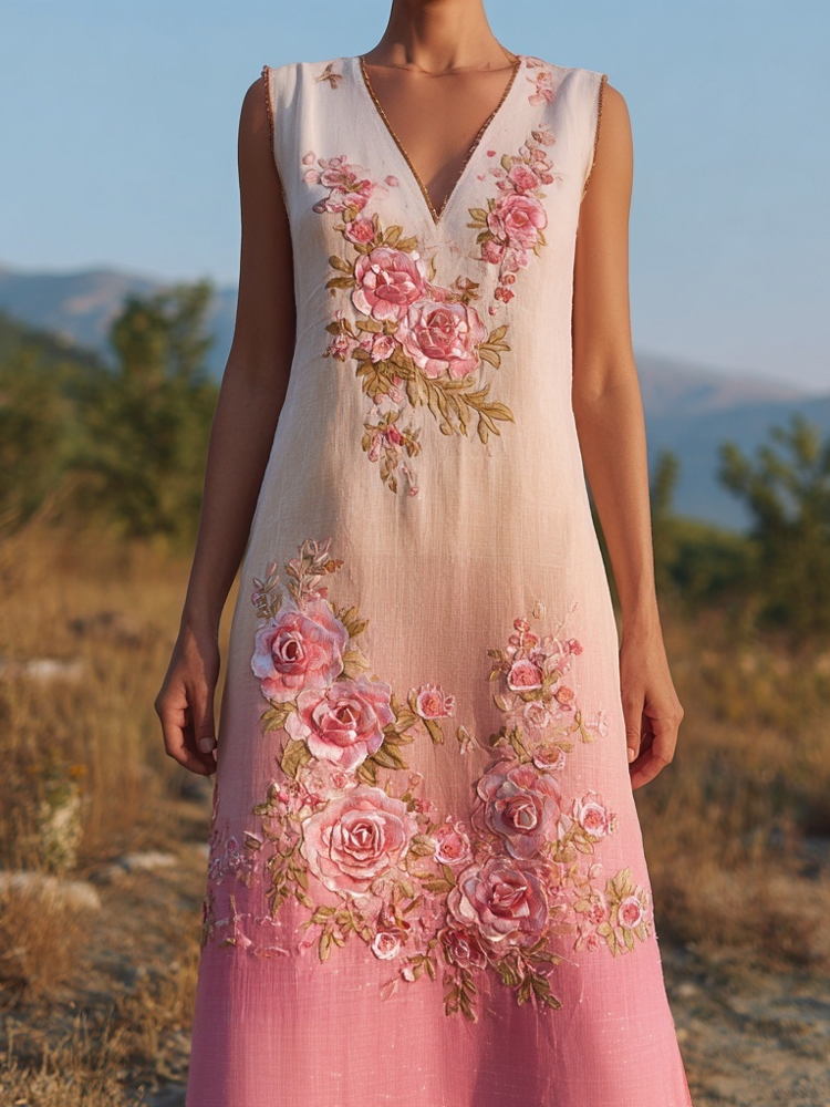 Elegant Pink Roses Embroidered Gradient Linen Maxi Dress