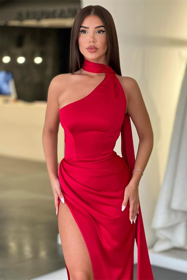 Daisda Red High Collar Mermaid Slit Long Prom Dress With Ruffles