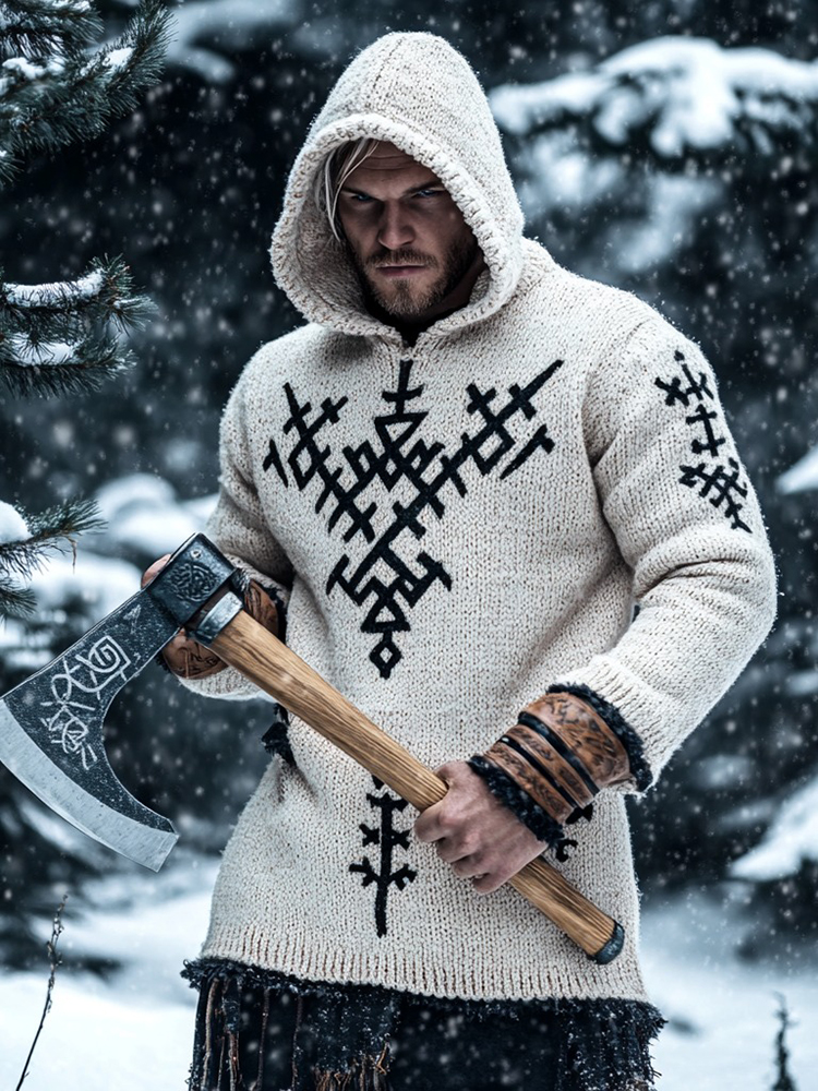 menweary Men's Viking Runes Graphics Inspired Knit Hooded Sweater