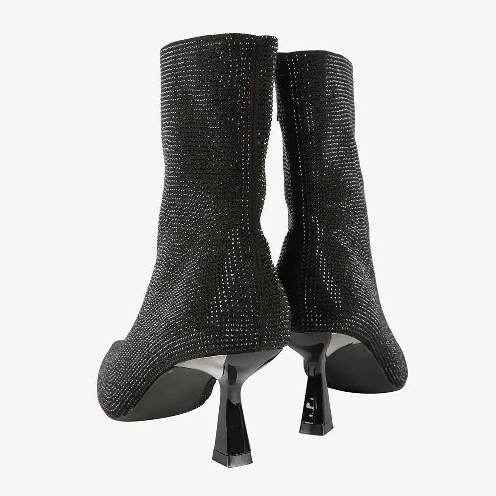 Black Rhinestone Pointed Toe Flared High Heel Ankle Boots for Women
