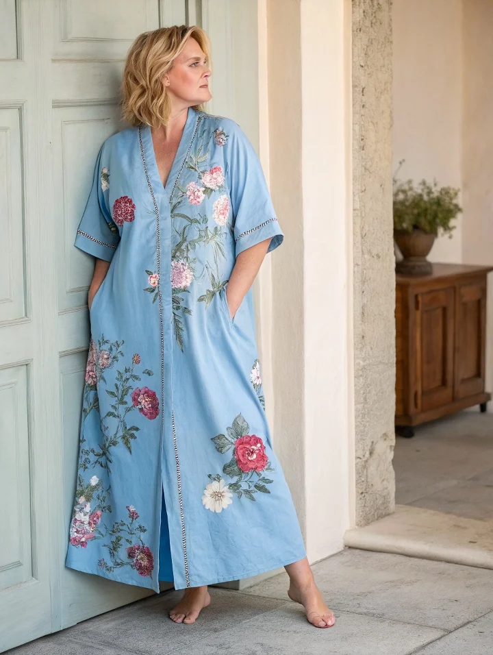 Blue Garden Pinted Zippered Cotton Robe