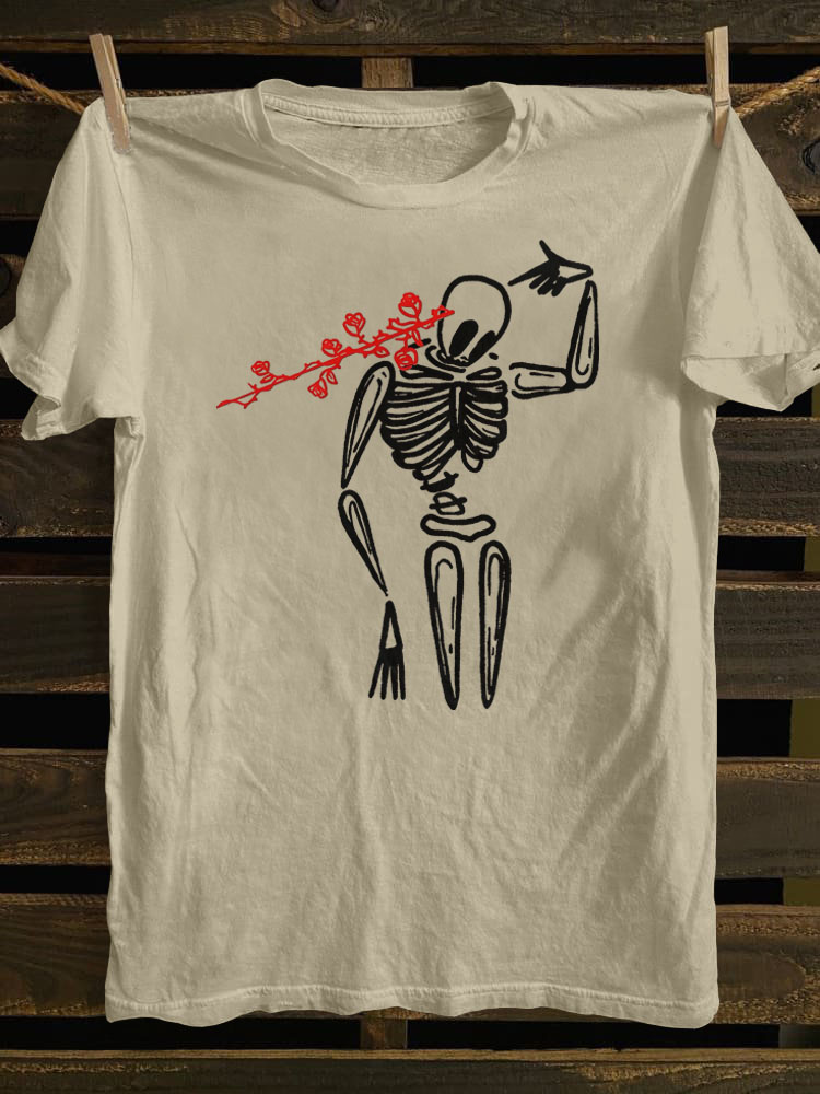 Skeleton Stabbed Through The Head and Out of The Flower T-shirt