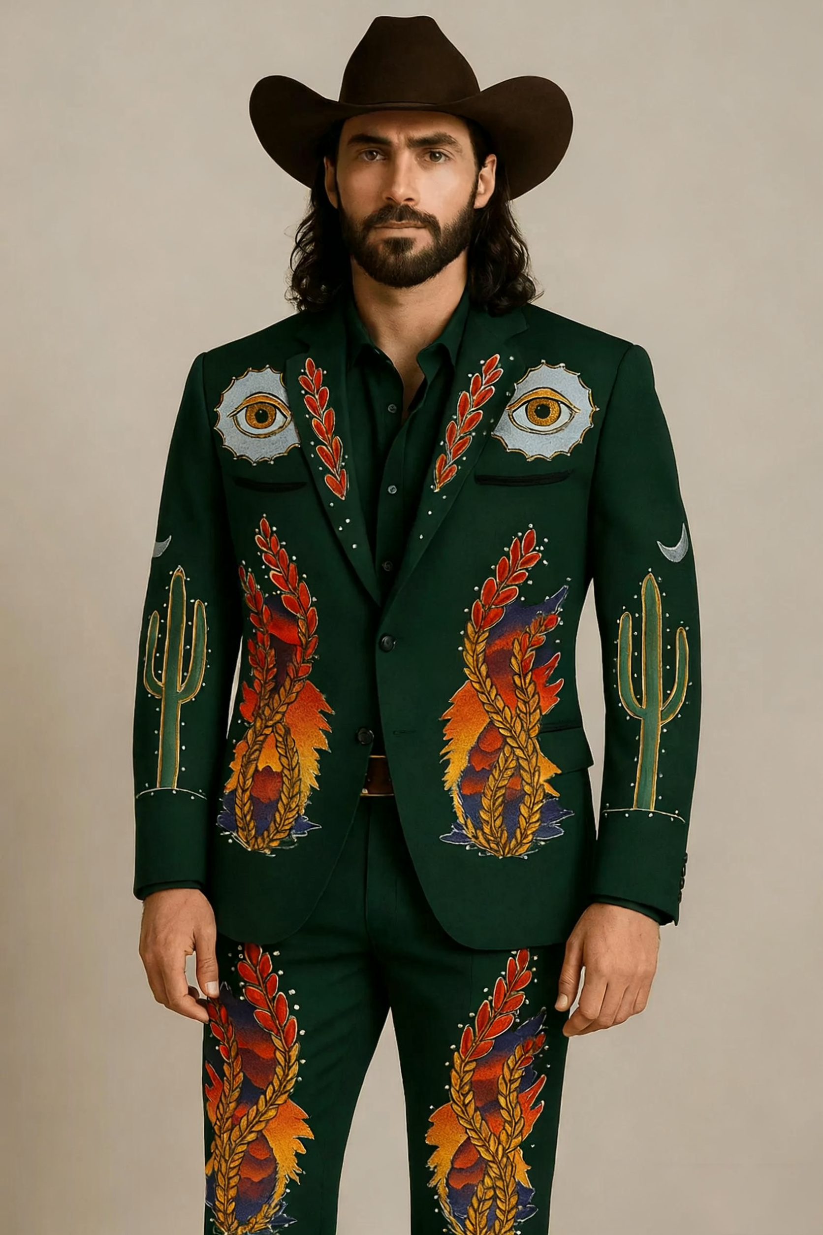 Men's two-piece custom Western cowboy suit, green, adorned with ...
