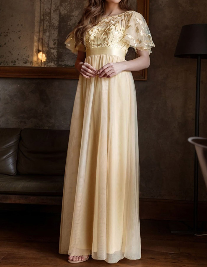 Emerald Green Leaf-Embroidered Tulle Maxi Dress