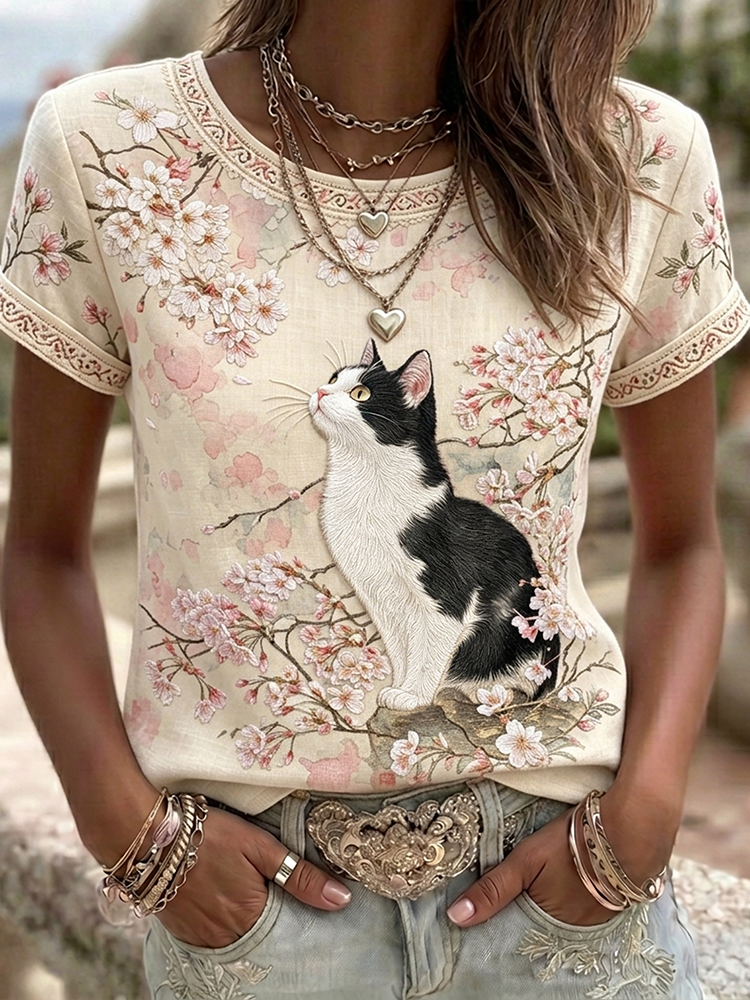 Women's Japanese Sakura Cat Art Pattern Short Sleeve Linen Blend T-shirt