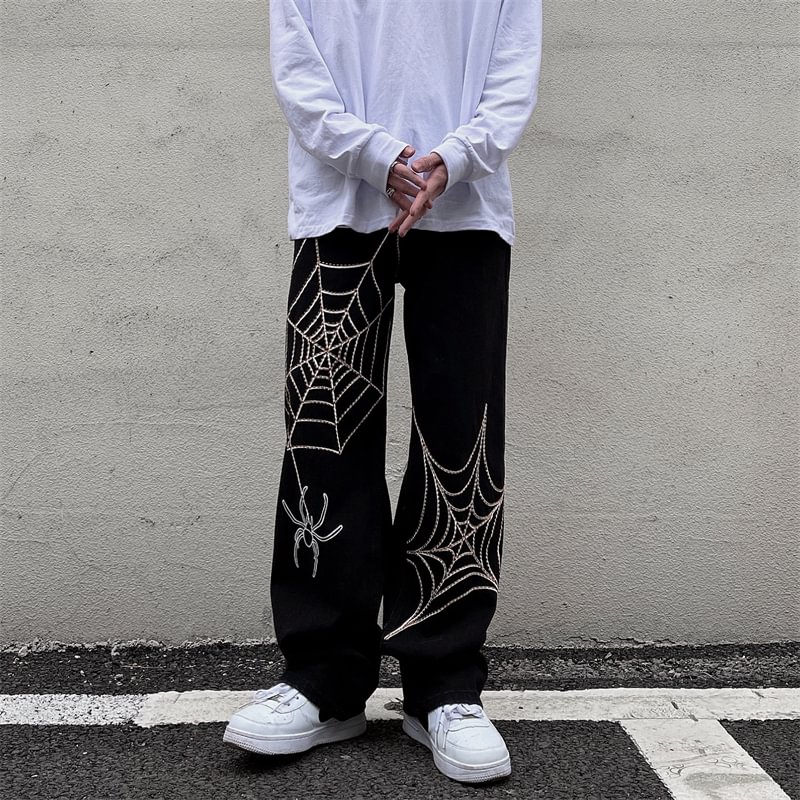 HIGH STREET SPIDER WEB EMBROIDERED WIDE LEG JEANS
