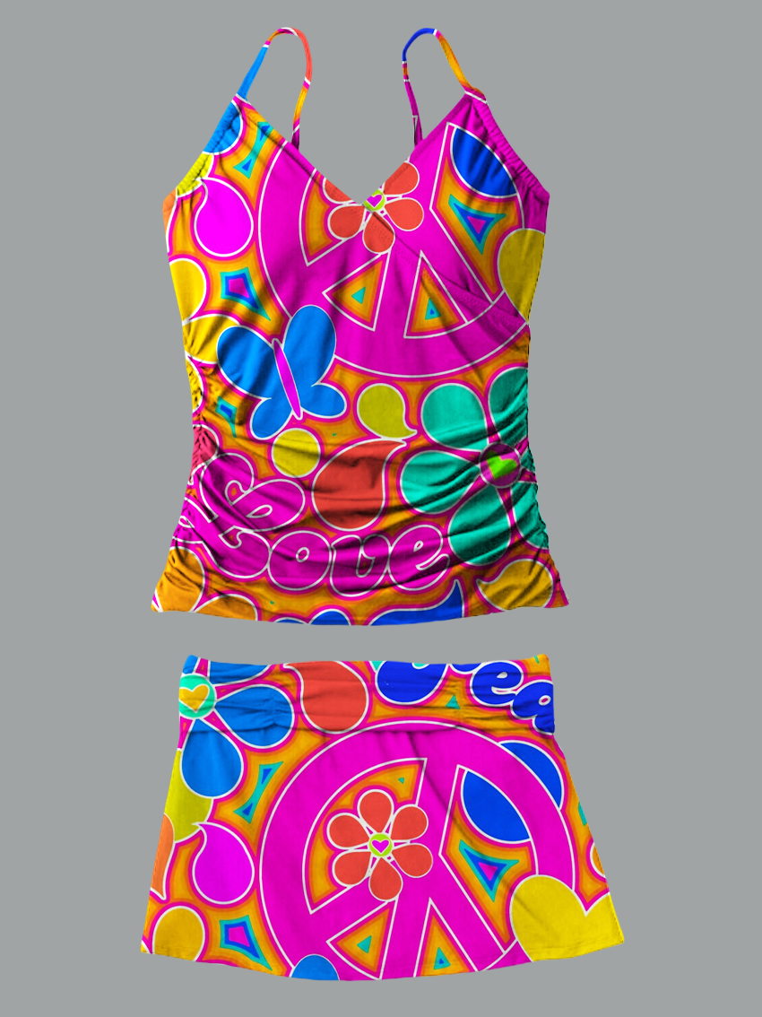 V-Neck Vintage Multicolor Hippie Floral Peace Print Suspender Skirt ...