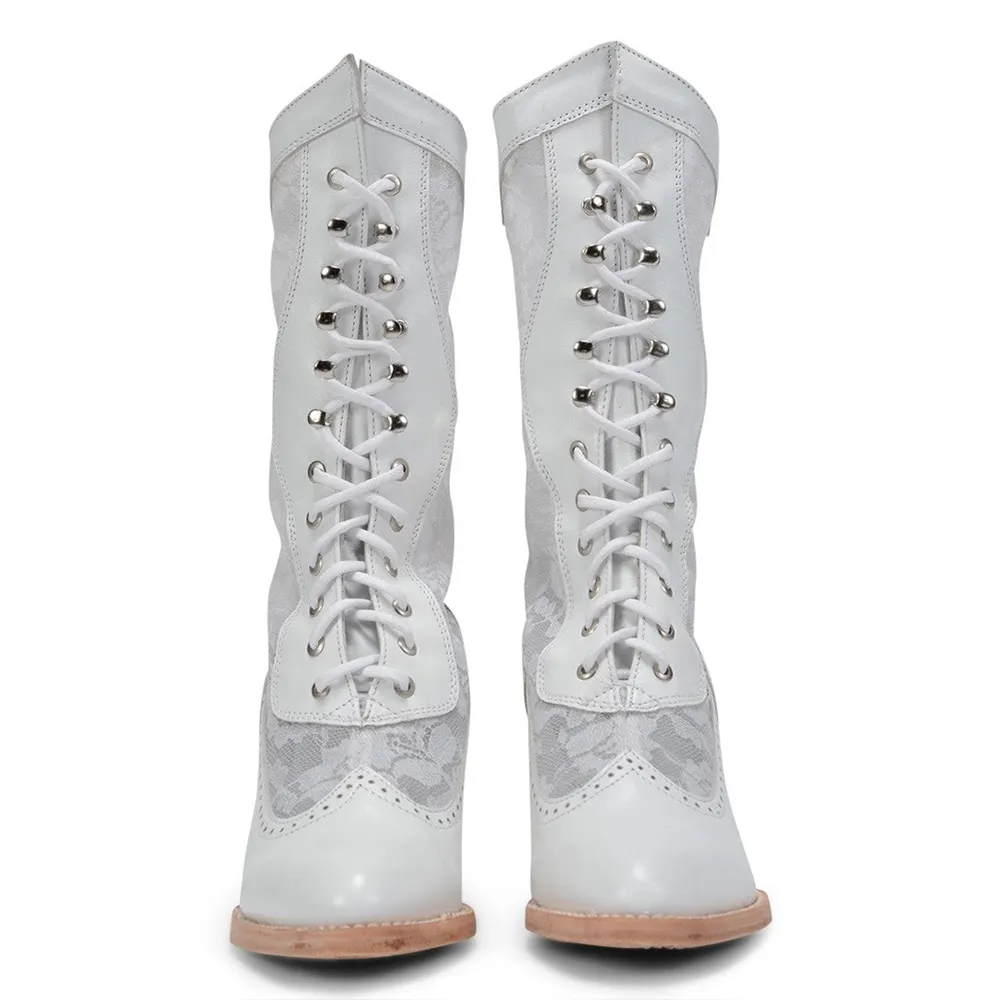 White Lace Patchwork Almond Toe Spool Heel Lace Up Boots Women