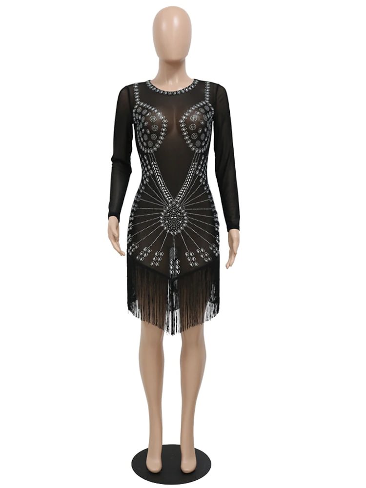 Uveng New Chic See-Through Crystal Night Dress Glam Long Sleeve Sequins ...