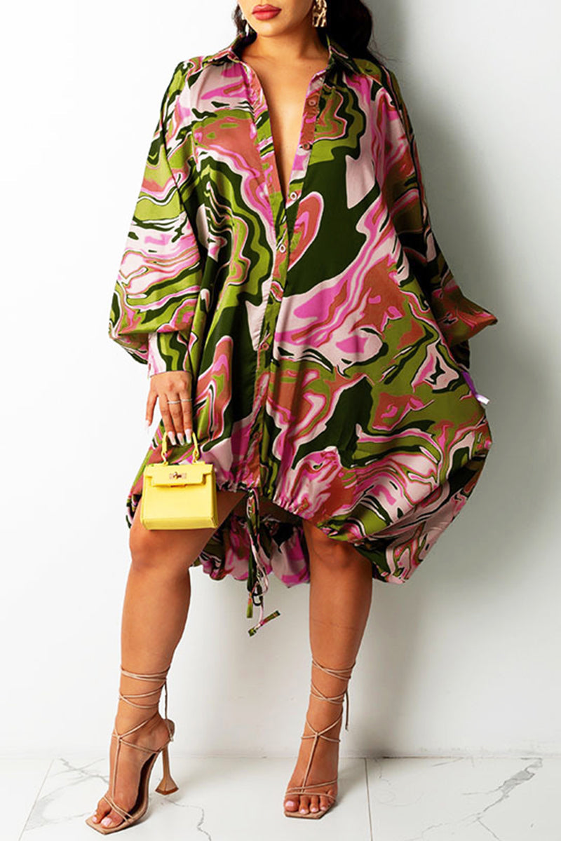 Sexy Print Draw String Asymmetrical Turndown Collar A Line Dresses
