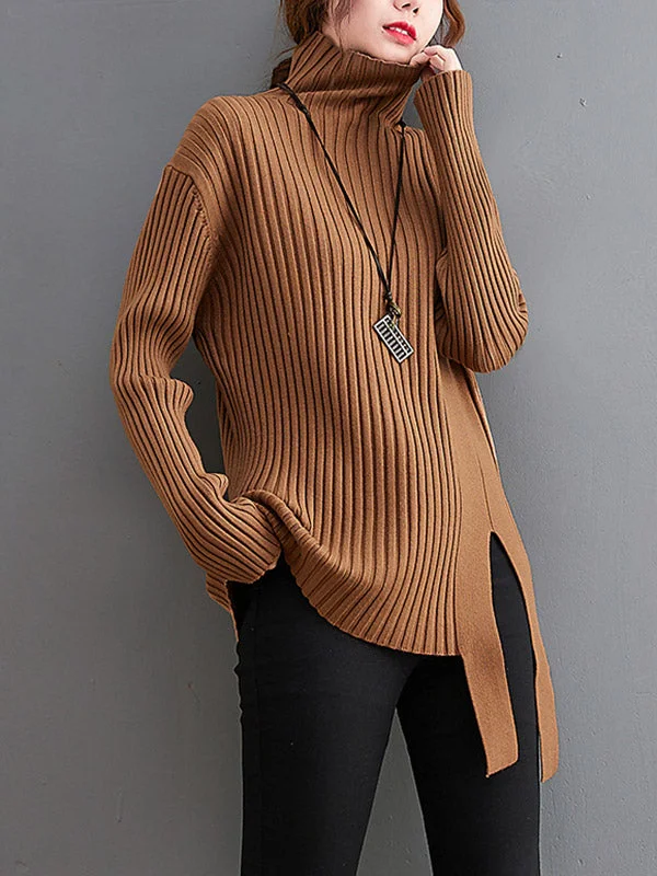 Urban Buttoned Split-Side Asymmetric Split-Joint High-Neck Sweater
