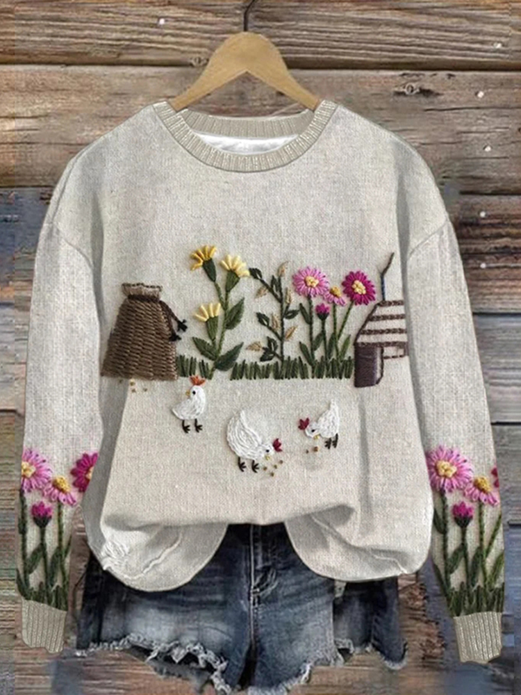 Women's Chicken Print Round Neck Sweatshirt