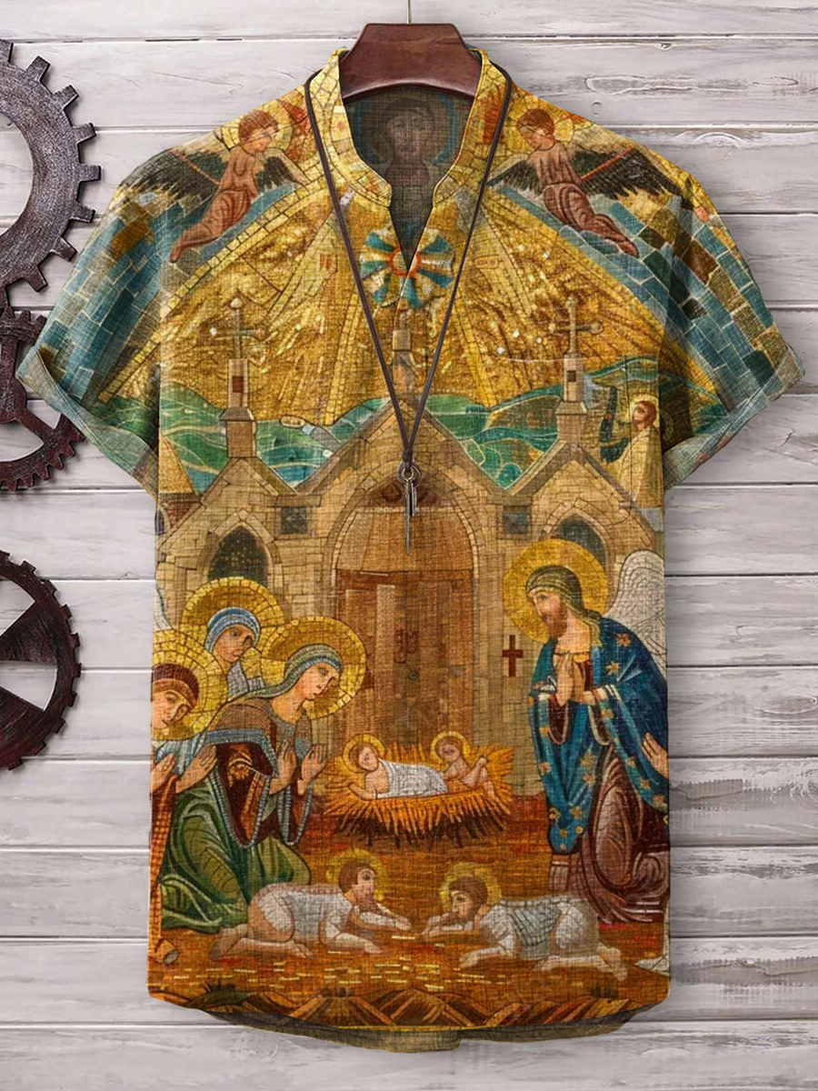 Vintage Byzantine Art Illustration Pattern Print Casual 100% Cotton Shirt