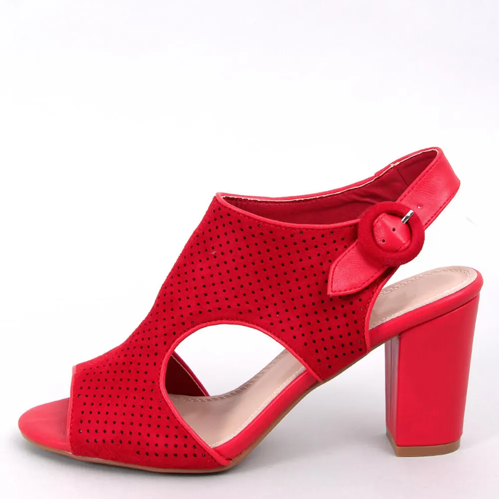 Red Leather Opened Toe Cut Out Slingback Sandals With Chunky Heels
