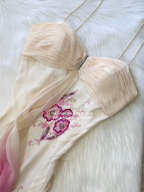 Sequinned Flower Embroidered Gradient Color Sleeveless Spaghtti-Neck ...
