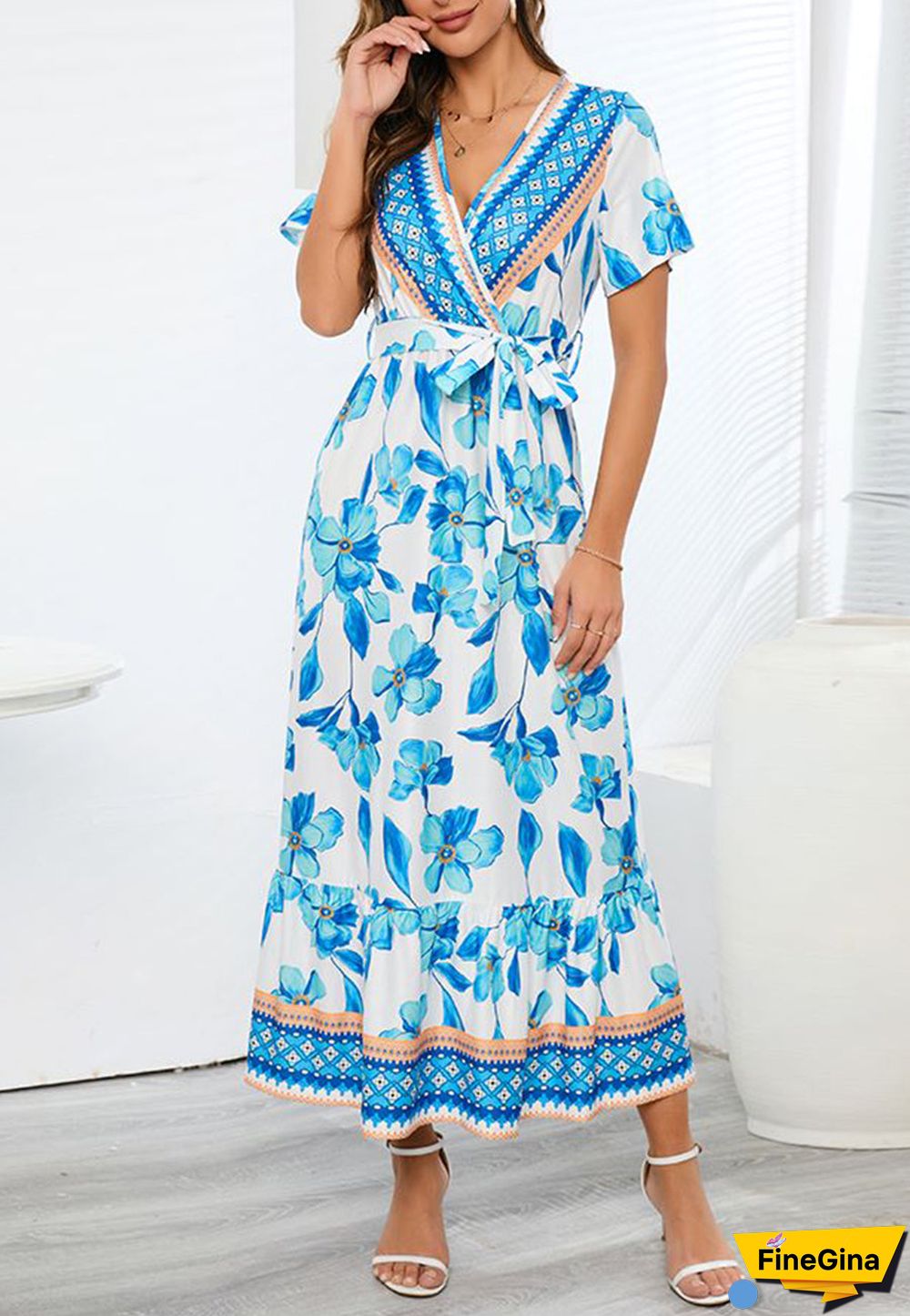 FineGina Boho Style Ruffle Hem Dress