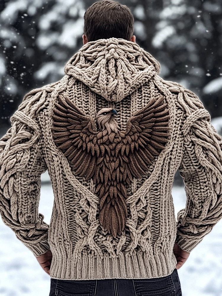 Men's Viking Tribal Eagle Celtic Chunky Knit Hooded Sweater