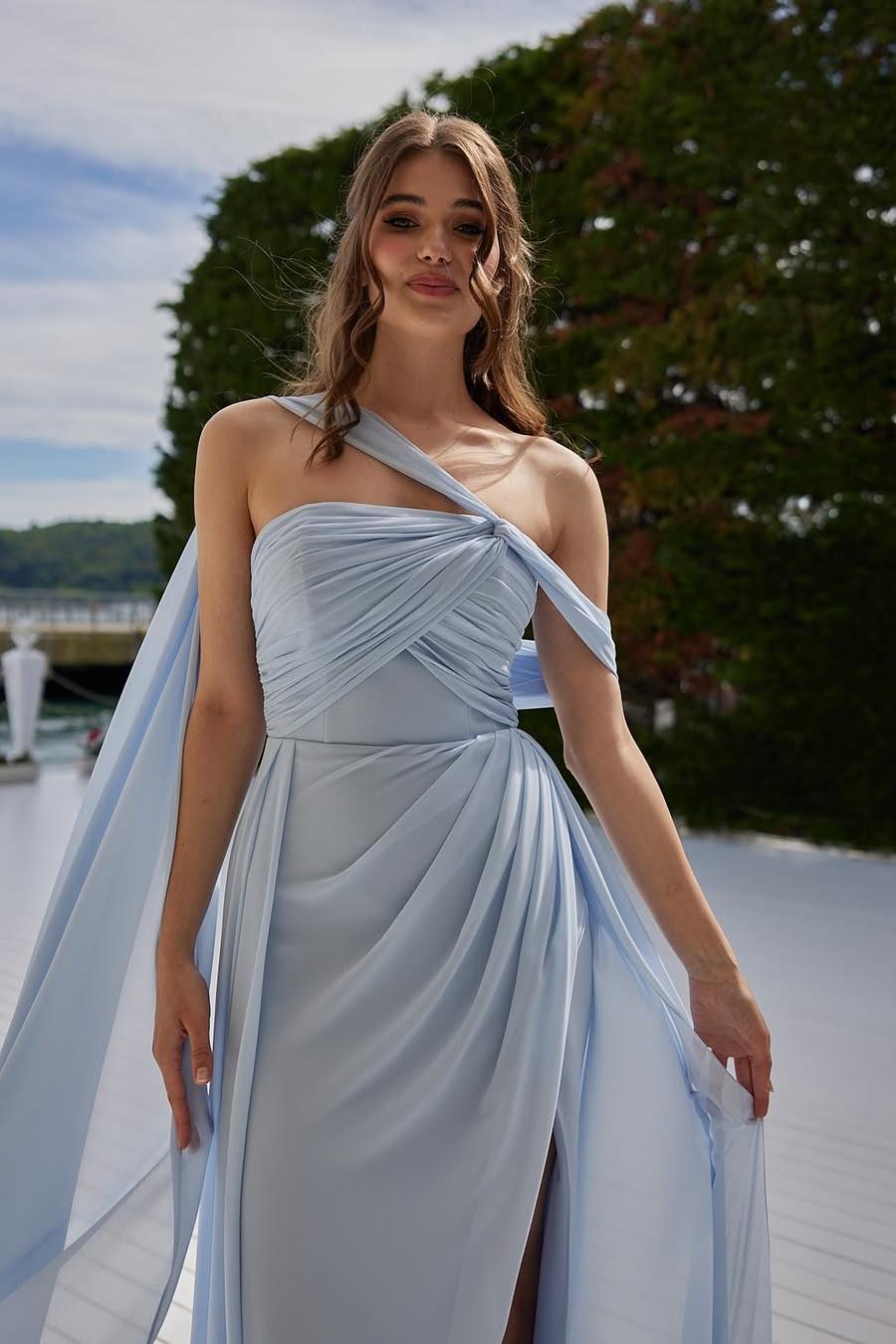 Exquisite Sky Blue Satin Sleeveless Strapless Long Pleated Prom Dress ...
