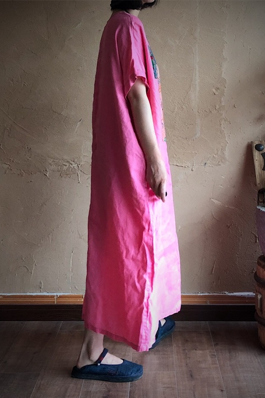 Plus Size-Linen Loose Dress Robe with Vintage Patch