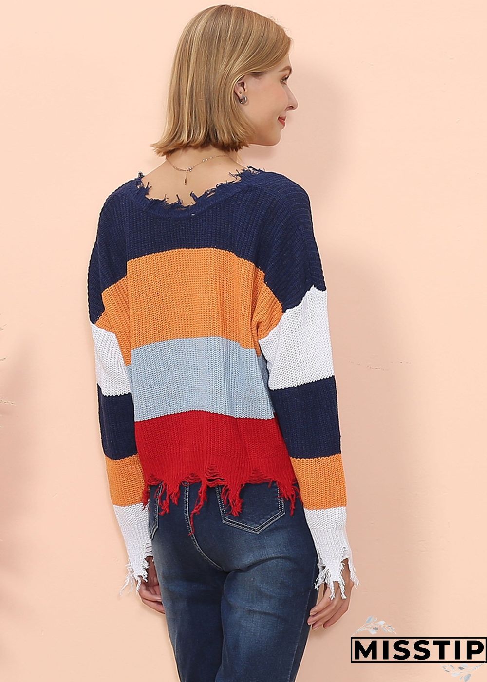 Frayed Hem Color Block Sweater - MissTip