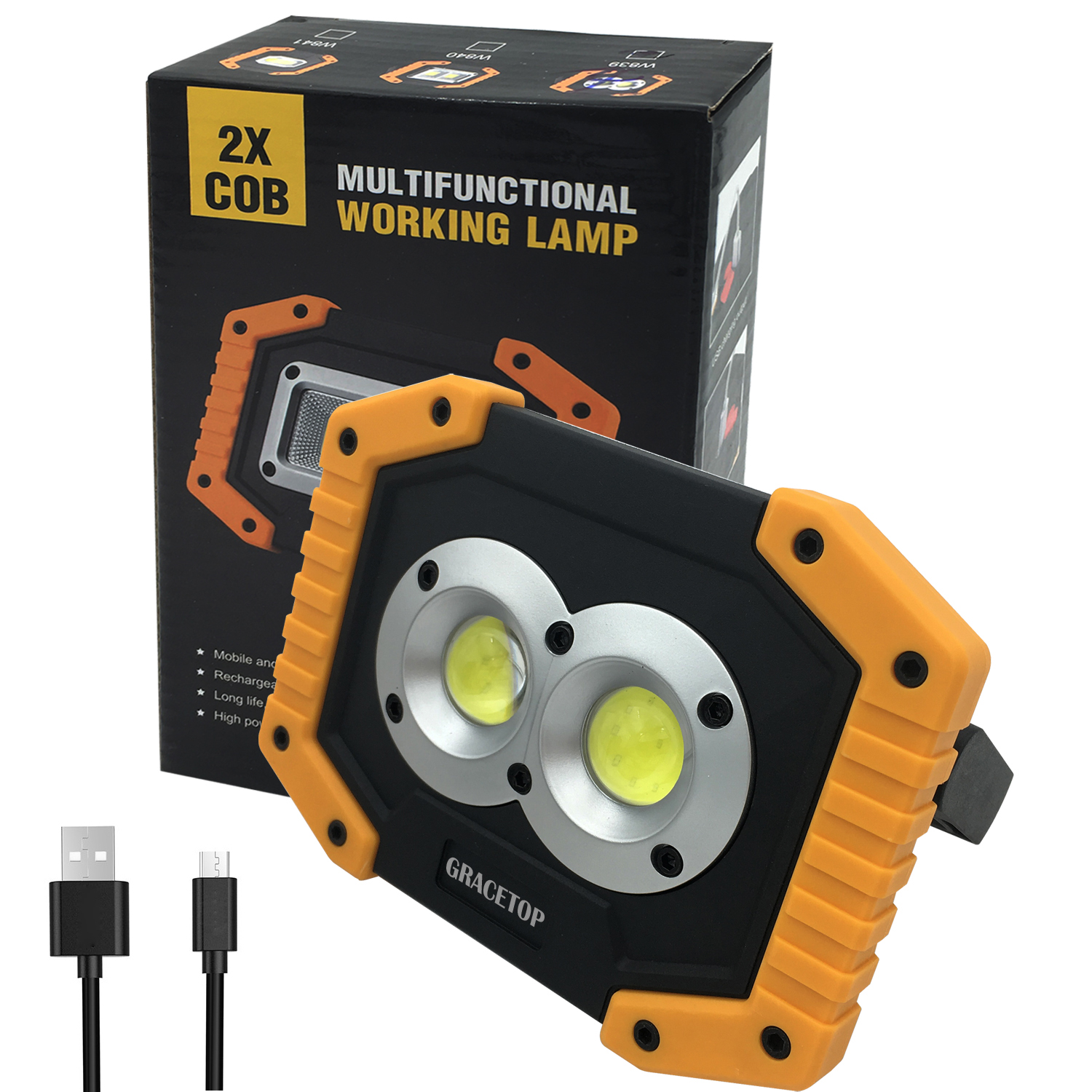 LED Work Light Rechargeable with USB Port, 2X COB Light 20W 1000 Lumen ...