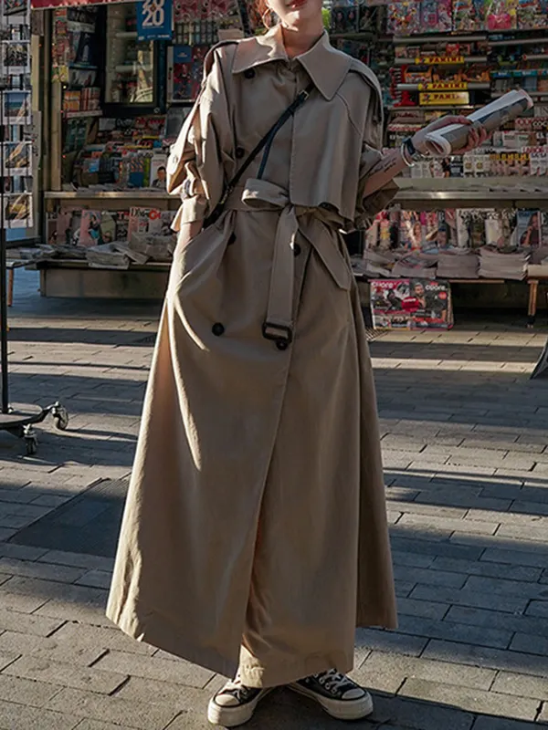 Buckle-Embellished Trench Coat with Split-Back and Lapel Collar