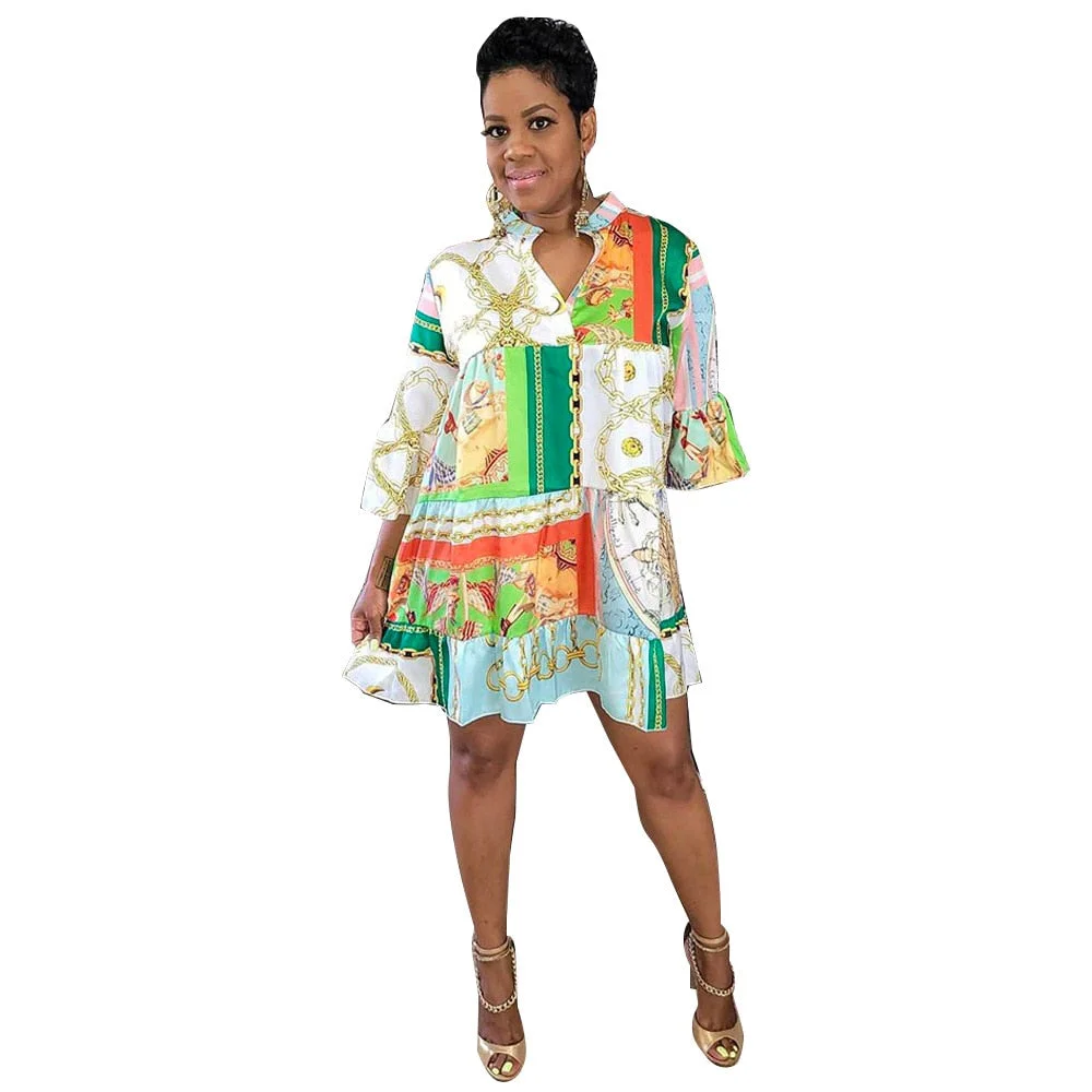 CM.YAYA Elegant Women Half Flare Sleeve Chain Paisley Loose A-line Dresses for 2022 Summer ...