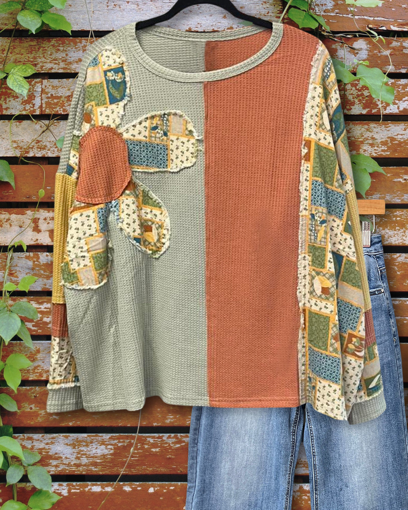 Flower Applique Urban Patchwork Color Block Waffle Blouse