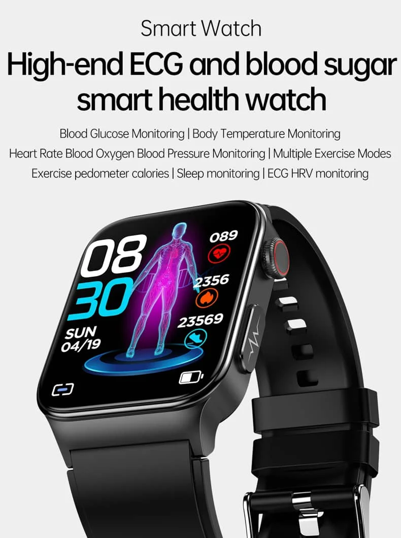 ECG Smart Watch with Blood Pressure Monitor Body Temperature Blood Glu ...