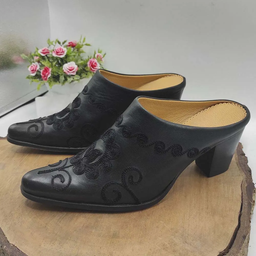 Black Almond Toe Chunky Heel Western Mules with Floral Embroidery