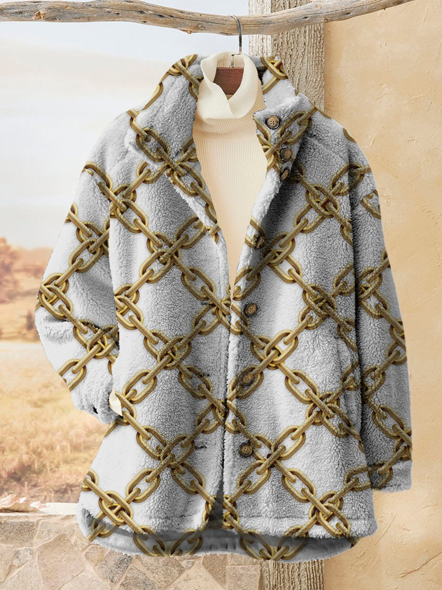 Gold Chain Link Pattern Casual Sherpa Coat Cardigan